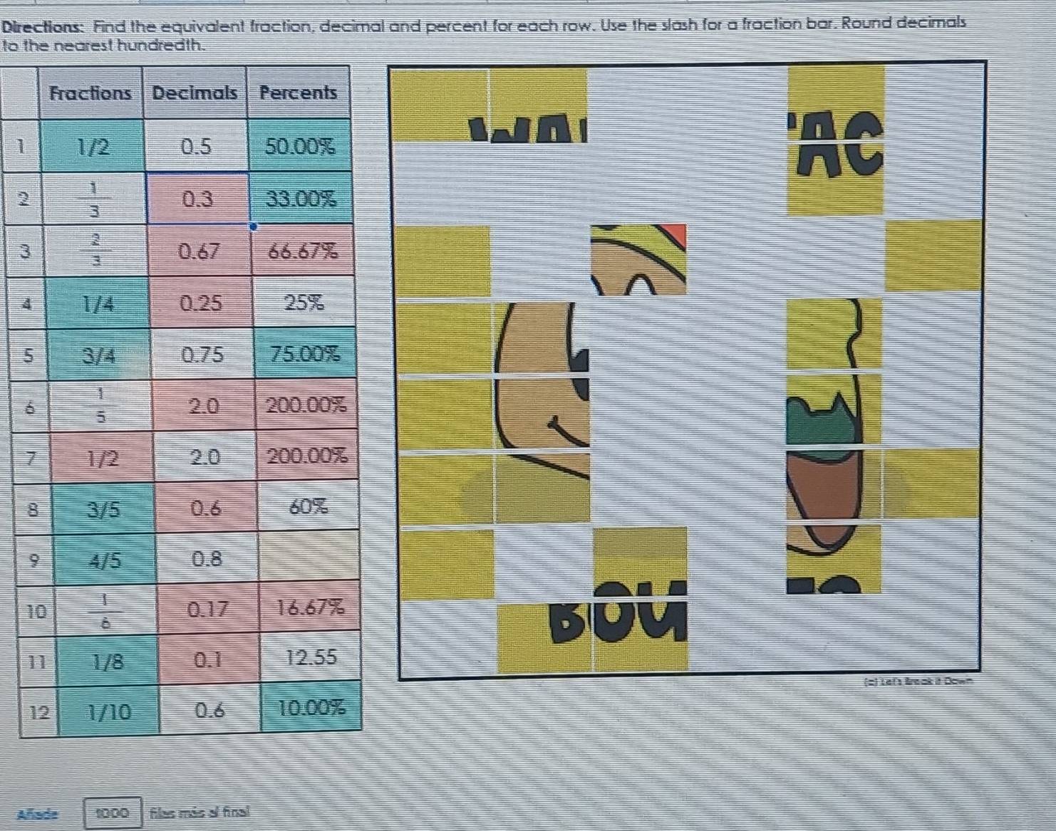 Solved: Directions: Find the equivalent fraction, decimal and percent ...