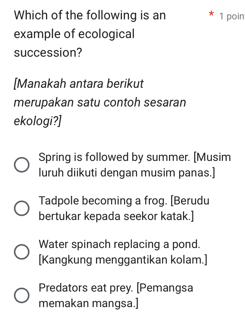 Selesai:Which of the following is an 1 poin example of ecological ...