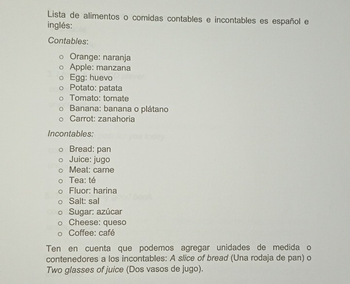 Resuelto:Lista de alimentos o comidas contables e incontables es ...
