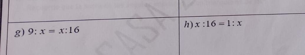 Resuelto:9:x=x:16 h) x:16=1:x