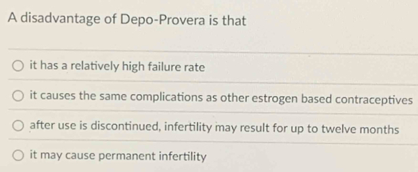 Solved: A disadvantage of Depo-Provera is that it has a relatively high ...