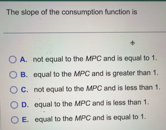 Solved: The slope of the consumption function is A. not equal to the ...