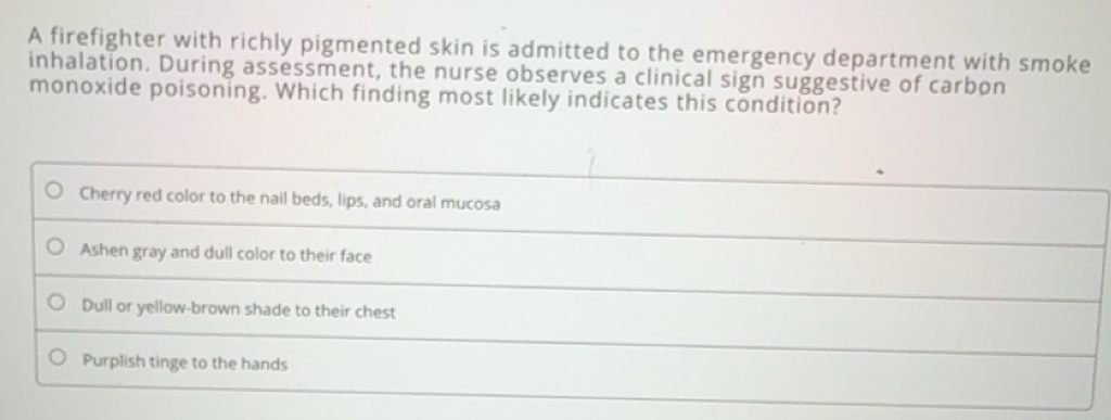 Solved: A firefighter with richly pigmented skin is admitted to the ...