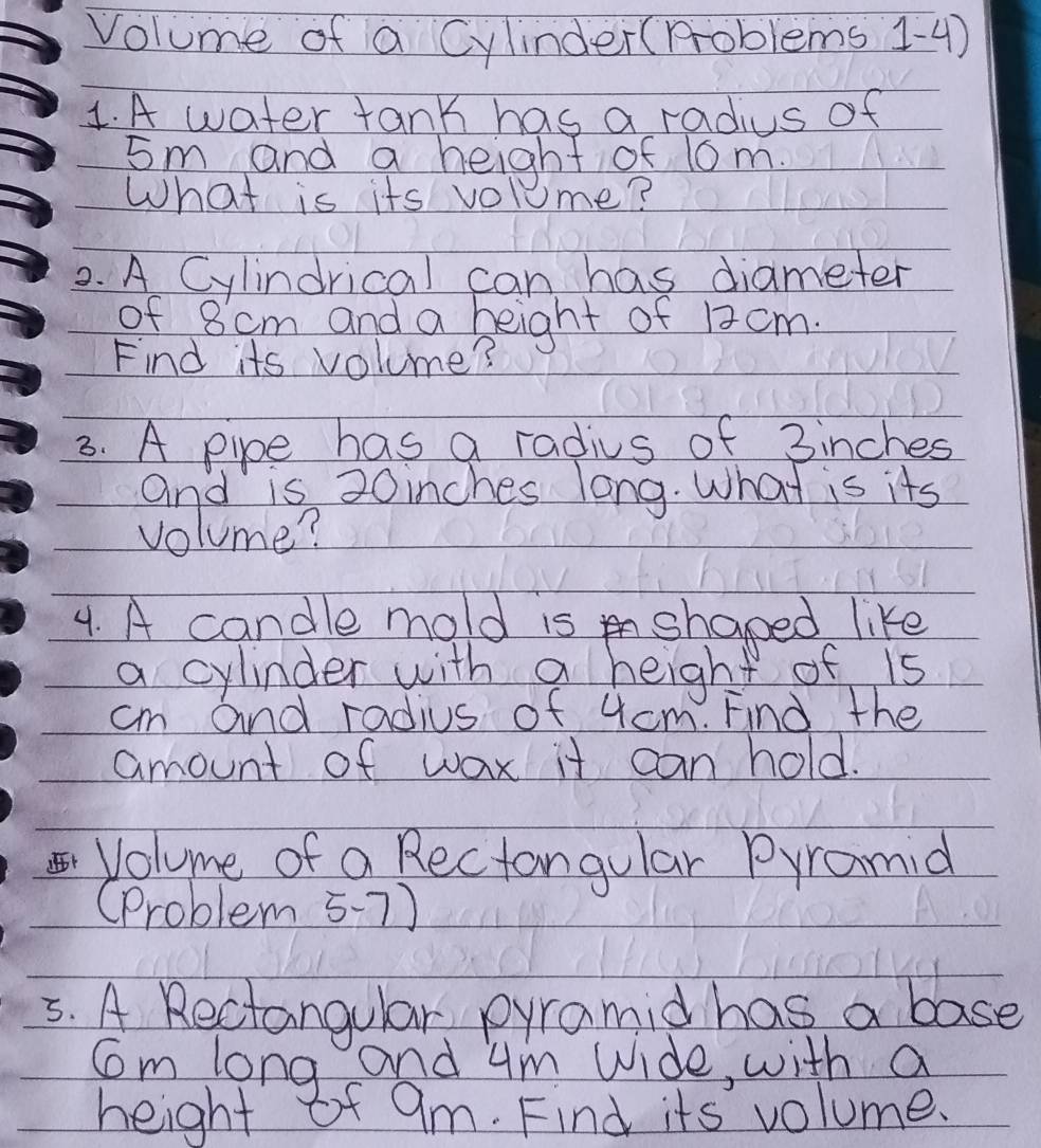 Solved: Volume of a Cylinder (problems 1-4) 1. A water tank has a ...