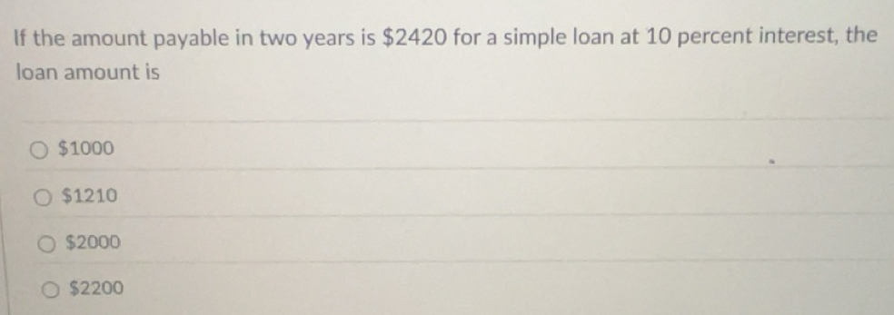 Solved: If the amount payable in two years is $2420 for a simple loan ...