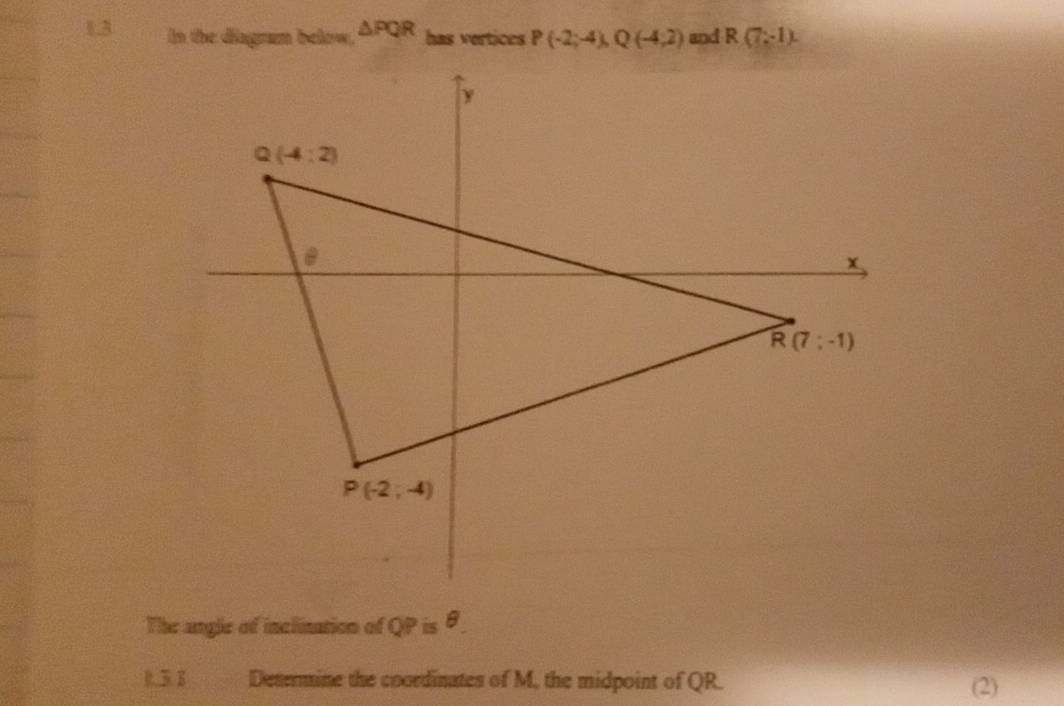 Solved: In the diagram below, PQR has vertices P(-2;-4),Q(-4;2) and R(7;-1). The angle of inclin ...