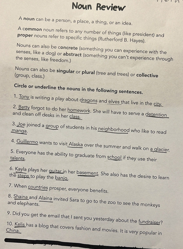 Solved: Noun Review A noun can be a person, a place, a thing, or an ...