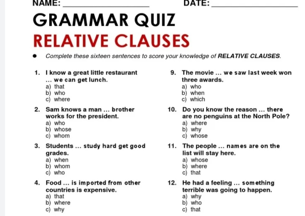 Gelöst:NAME: _DATE:_ GRAMMAR QUIZ RELATIVE CLAUSES Complete these ...