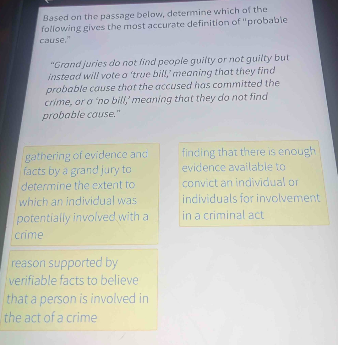 Solved: following gives the most accurate definition of “probable cause ...