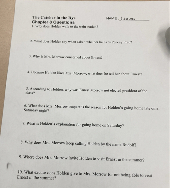Solved: The Catcher in the Rye NAME Chapter 8 Questions _ 1. Why does ...