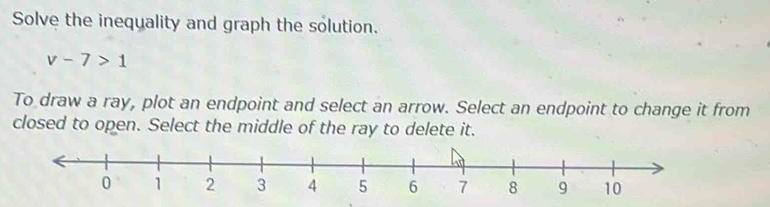 Solved: Solve the inequality and graph the solution. v-7>1 To draw a ...