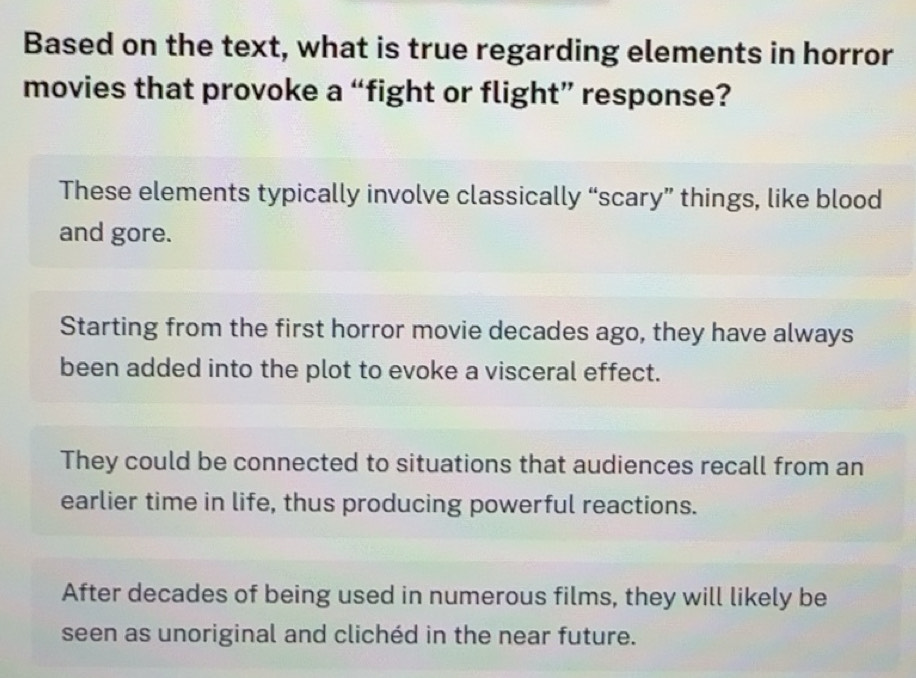 Solved: Based on the text, what is true regarding elements in horror ...