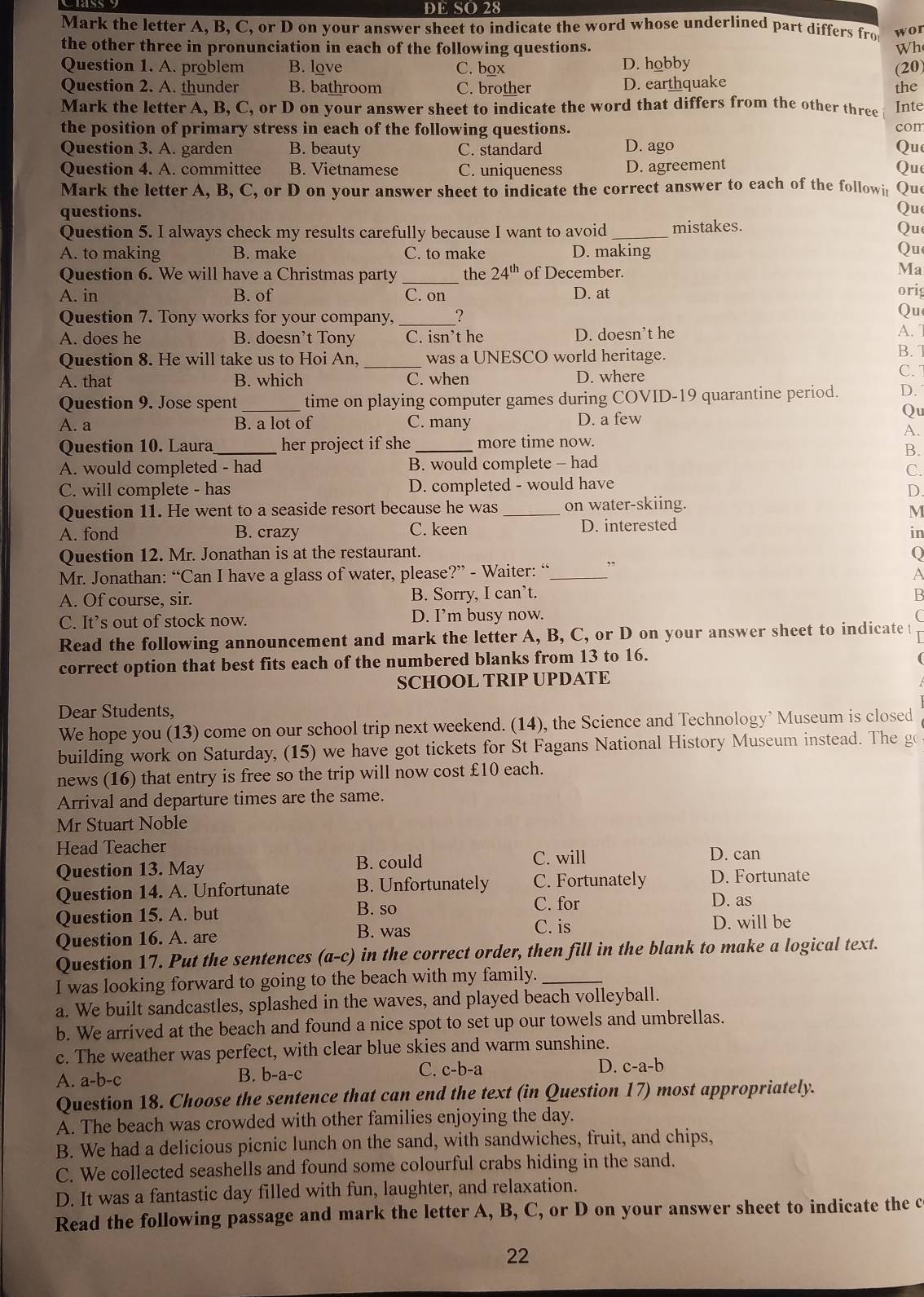 Giải quyết:DE SO 28 Mark the letter A, B, C, or D on your answer sheet ...