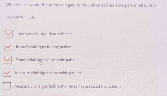 Solved: Which tasks would the nurse delegate to the unlicensed ...