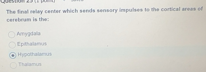 Solved: The final relay center which sends sensory impulses to the ...