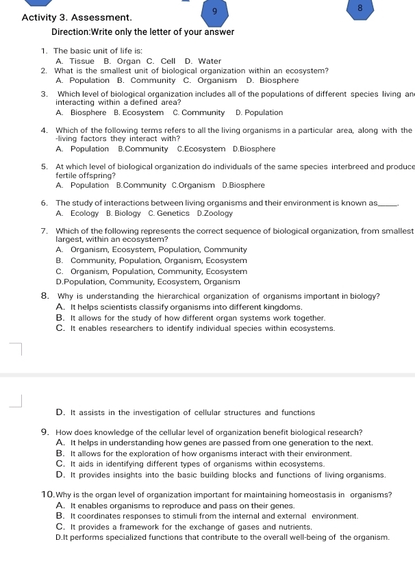 Solved: 9 8 Activity 3. Assessment. Direction:Write only the letter of ...