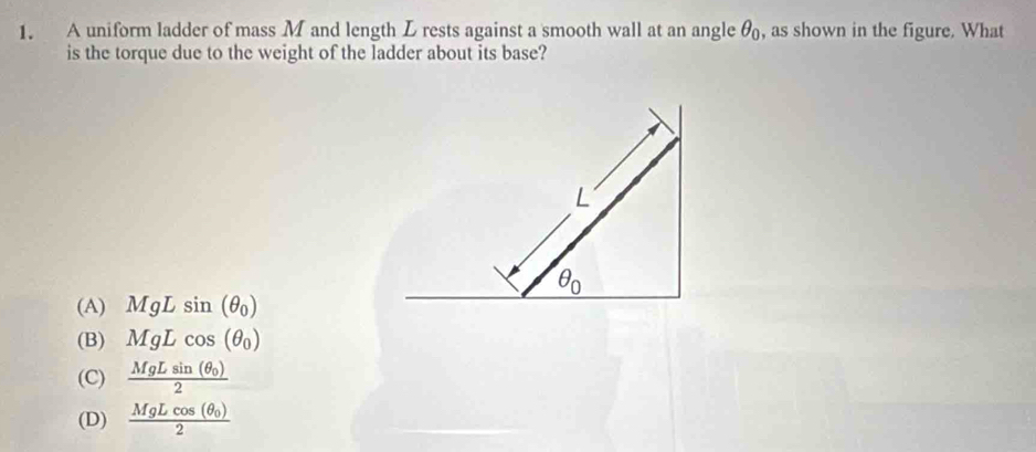 Solved: A uniform ladder of mass M and length L rests against a smooth ...