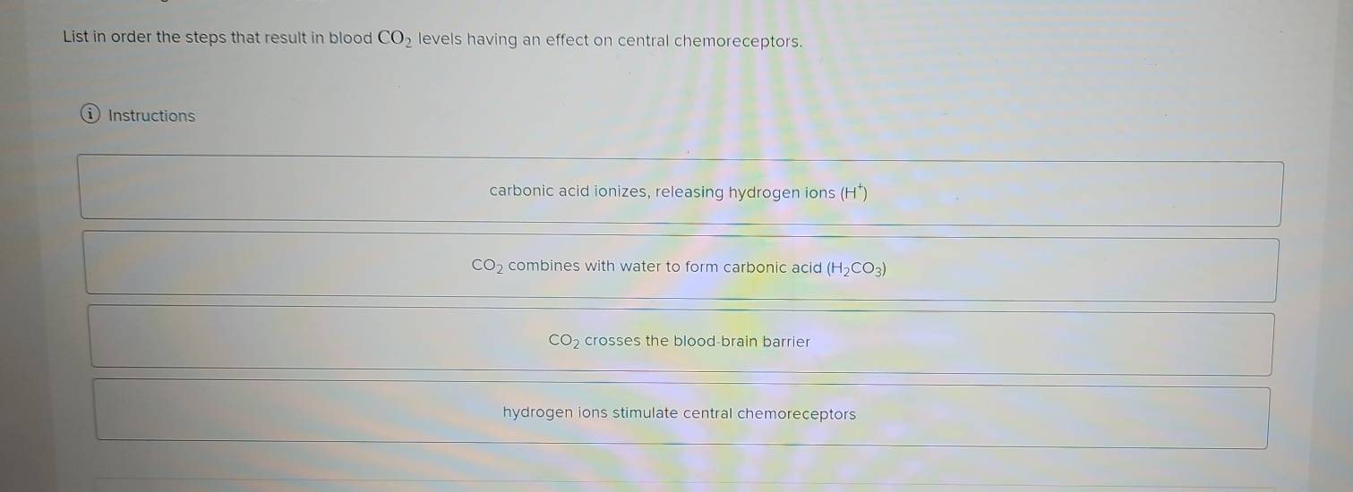 Solved: List in order the steps that result in blood CO_2 levels having ...