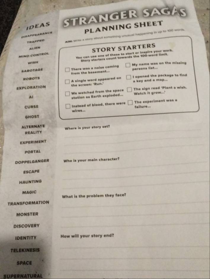 Solved: IDEAS STRANGER SAGAS DISAPPEARANCE PLANNING SHEET TRAPPEO wite ...