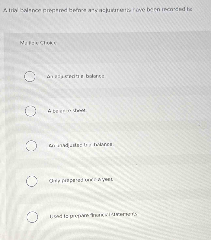Solved: A trial balance prepared before any adjustments have been ...