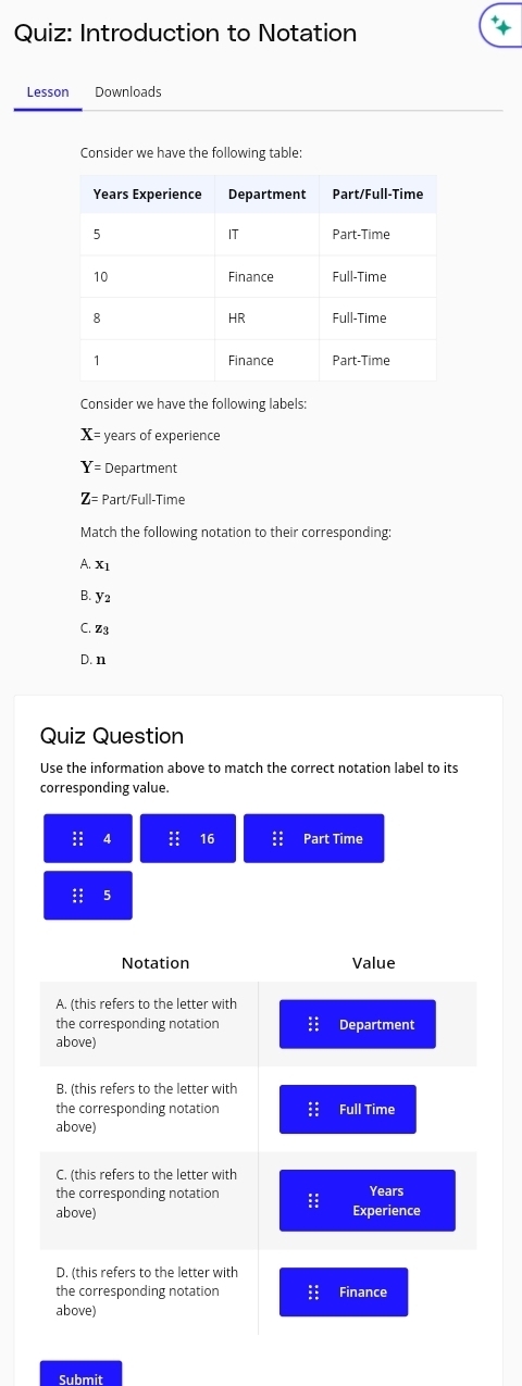 Solved: Introduction to Notation Lesson Downloads Consider we have the following table: Consider ...