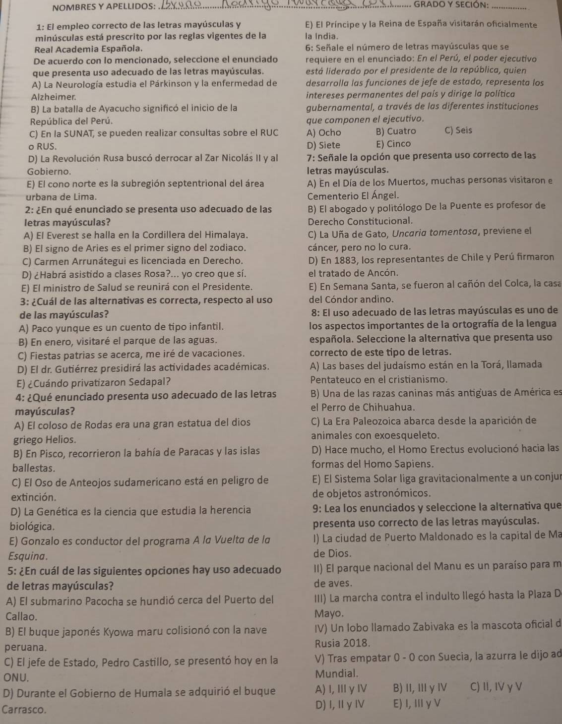 Resuelto:NOMBRES Y APELLIDOS:_ GRADO Y SECIÓN:_ 1: El empleo correcto ...