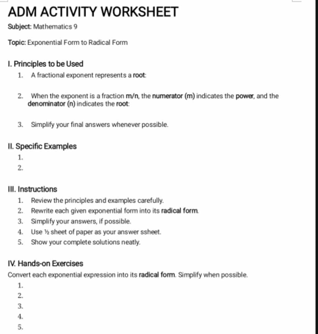 Solved: ADM ACTIVITY WORKSHEET Subject: Mathematics 9 Topic ...