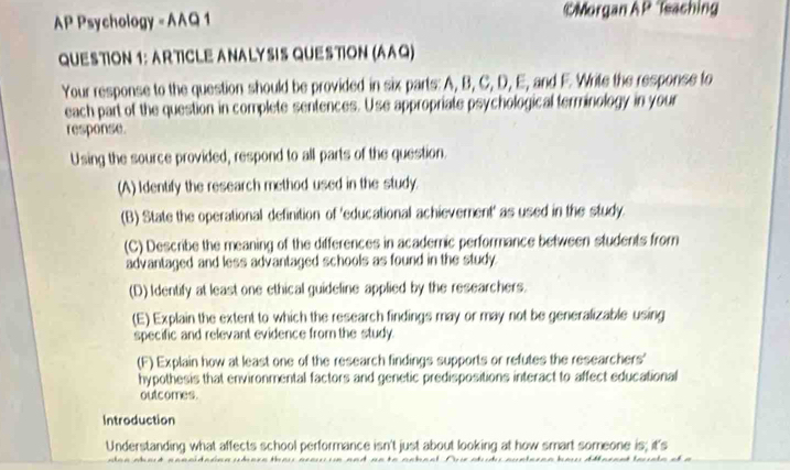 Solved: AP Psychology = AAQ 1 Morgan AP Teaching QUESTION 1: ARTICLE ...