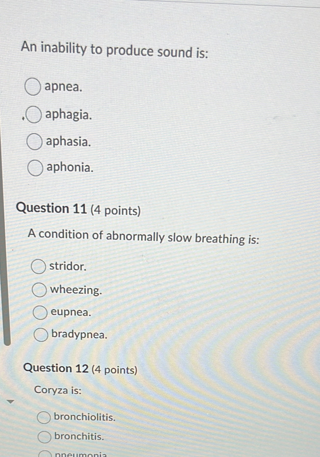 Solved: An inability to produce sound is: apnea. aphagia. aphasia ...