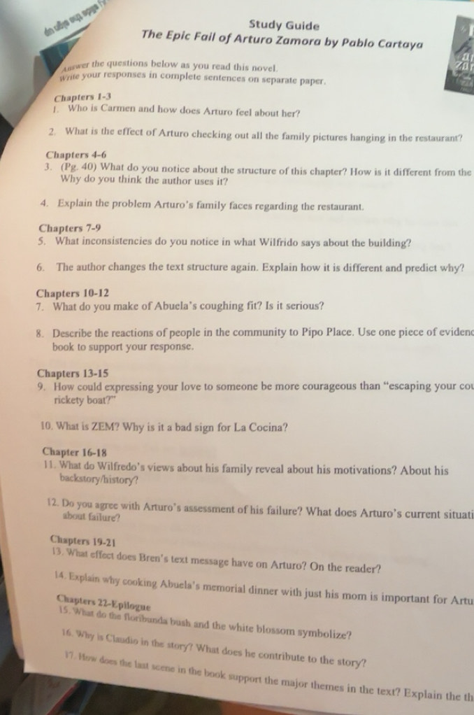 Solved: Study Guide The Epic Fail of Arturo Zamora by Pablo Cartaya ...