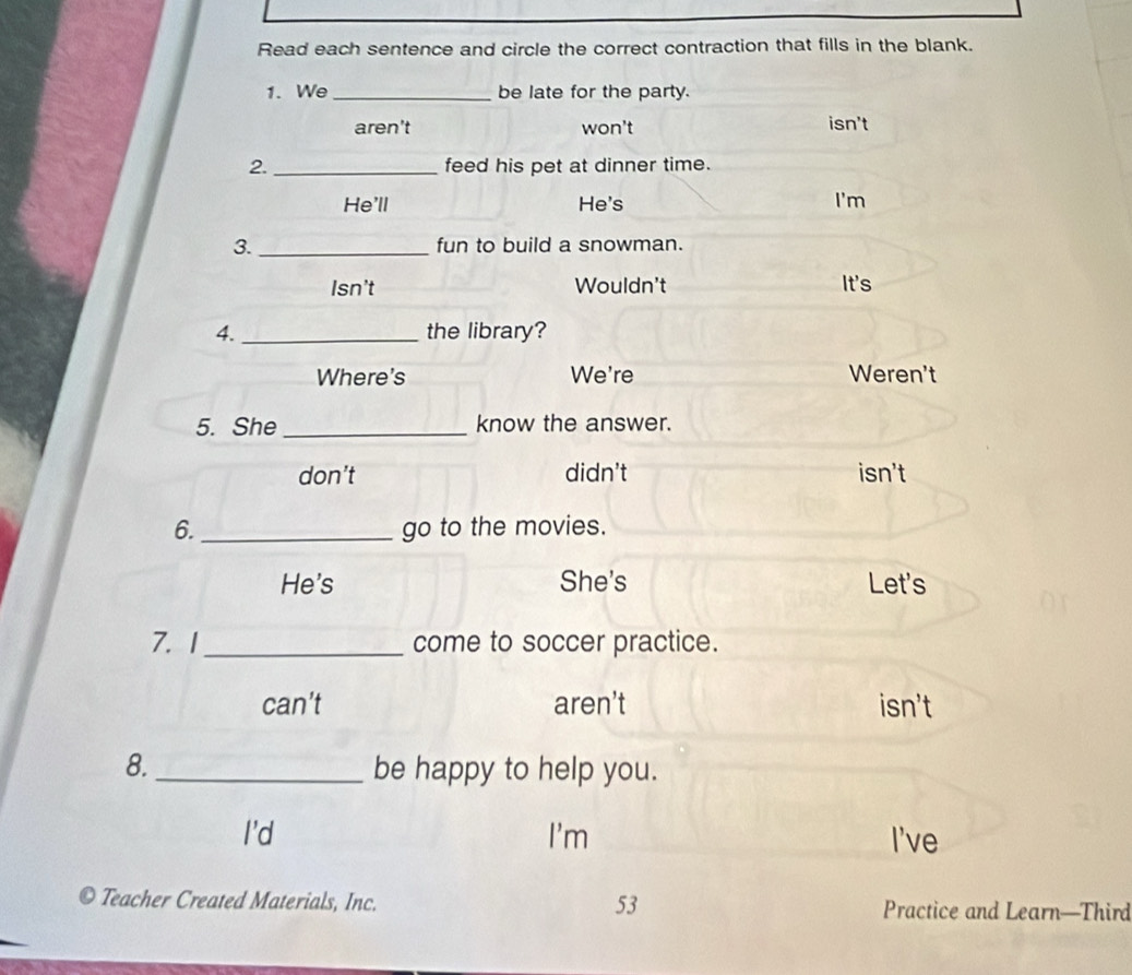 Solved: Read each sentence and circle the correct contraction that ...