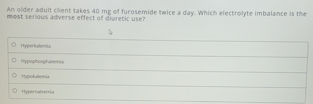 Solved: An older adult client takes 40 mg of furosemide twice a day ...