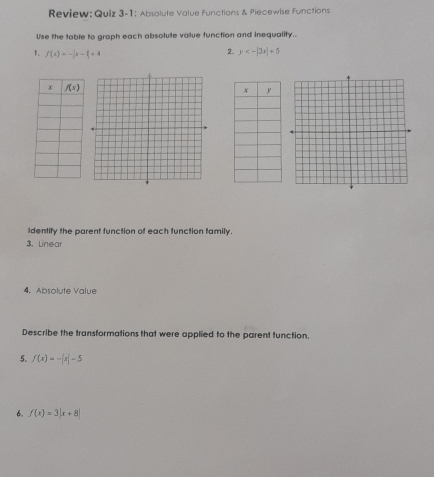 Solved: Review: Quiz 3-1: Absolute Value Functions & Piecewise Functions Use the table to graph ...