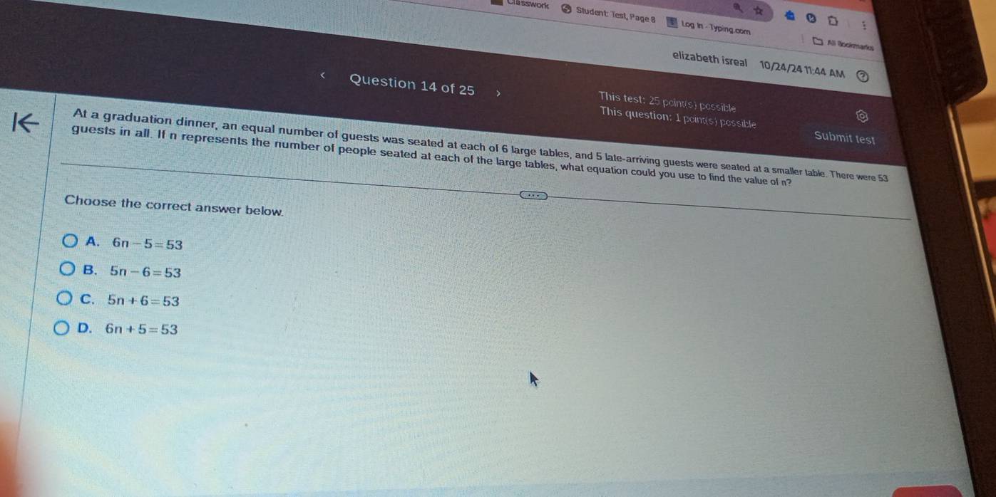 Solved: Classwork Student: Test, Page 8 Log In - Typing.com All ...
