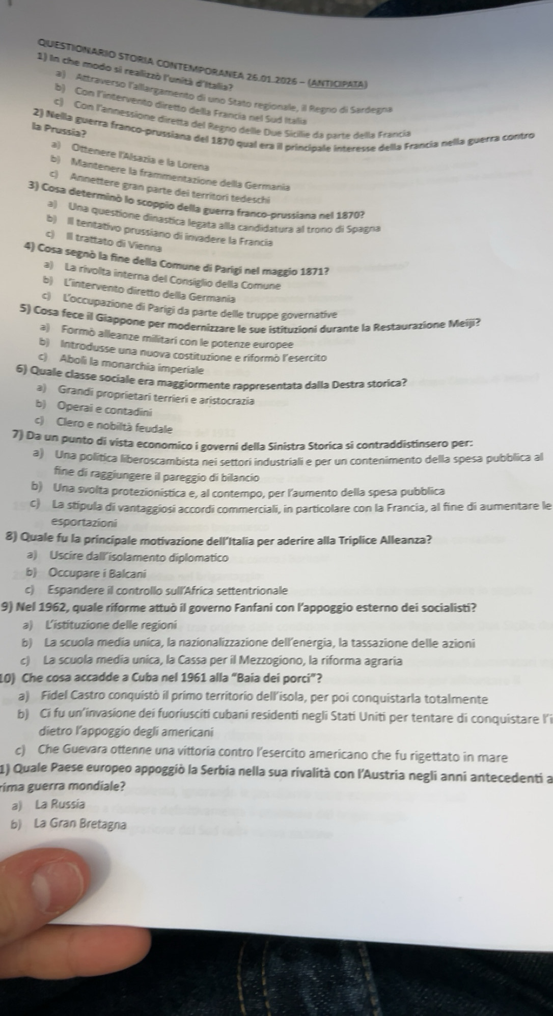 Risolto:QUIESTIONARIO STORIA CONTEMPORANEA 26.01.2026 - (ANTICIPATA) 1 ...