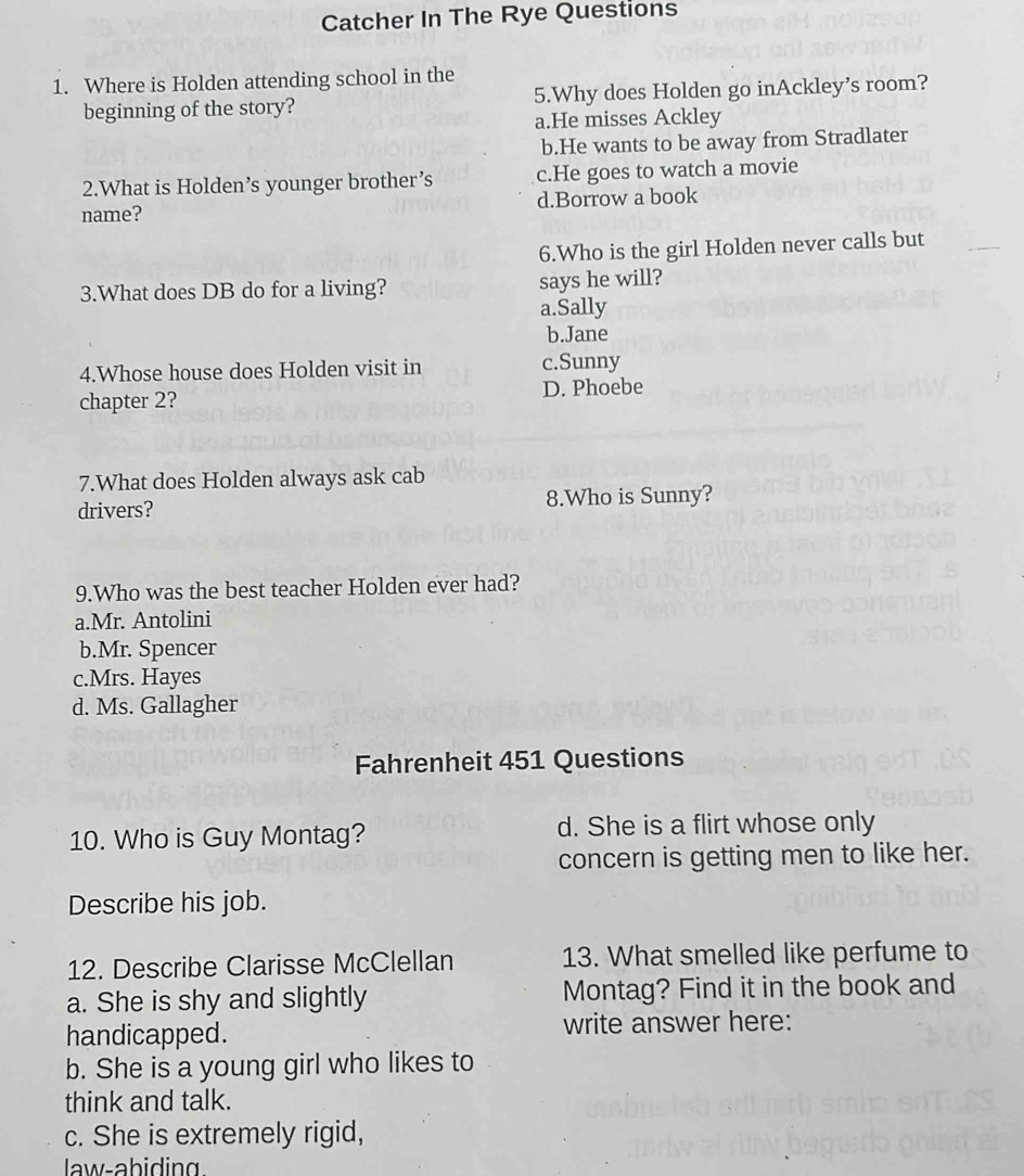 Solved: Catcher In The Rye Questions 1. Where is Holden attending ...
