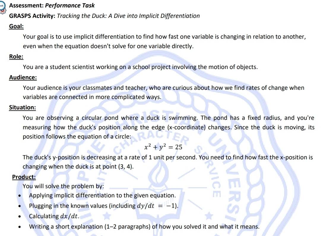 Solved: Assessment: Performance Task GRASPS Activity: Tracking the Duck ...