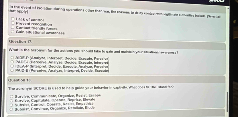 Solved: that apply) In the event of isolation during operations other than war, the reasons to ...