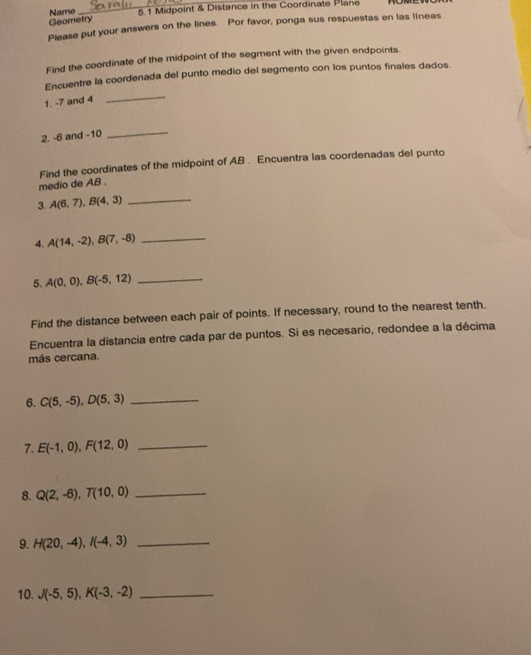 Solved: Name Geometry 5.1 Midpoint & Distance in the Coordinate Plane ...