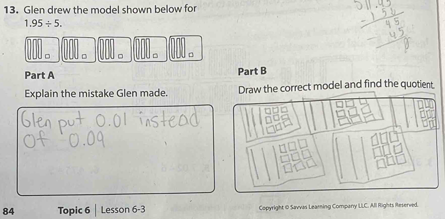 Glen drew the model shown below for 1.95/ 5. Part A Part B Explain the ...