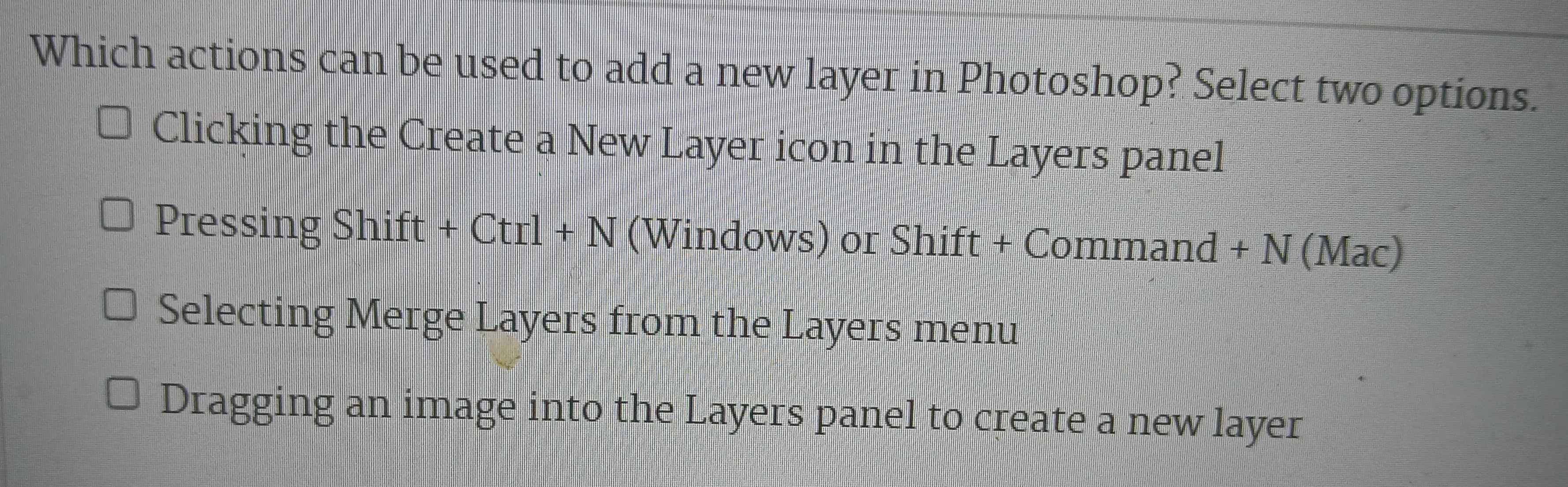 Solved: Which actions can be used to add a new layer in Photoshop ...