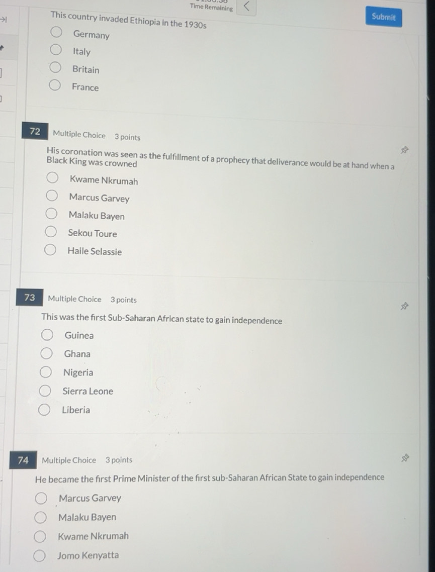 Solved: Time Remaining Submit ) This country invaded Ethiopia in the ...