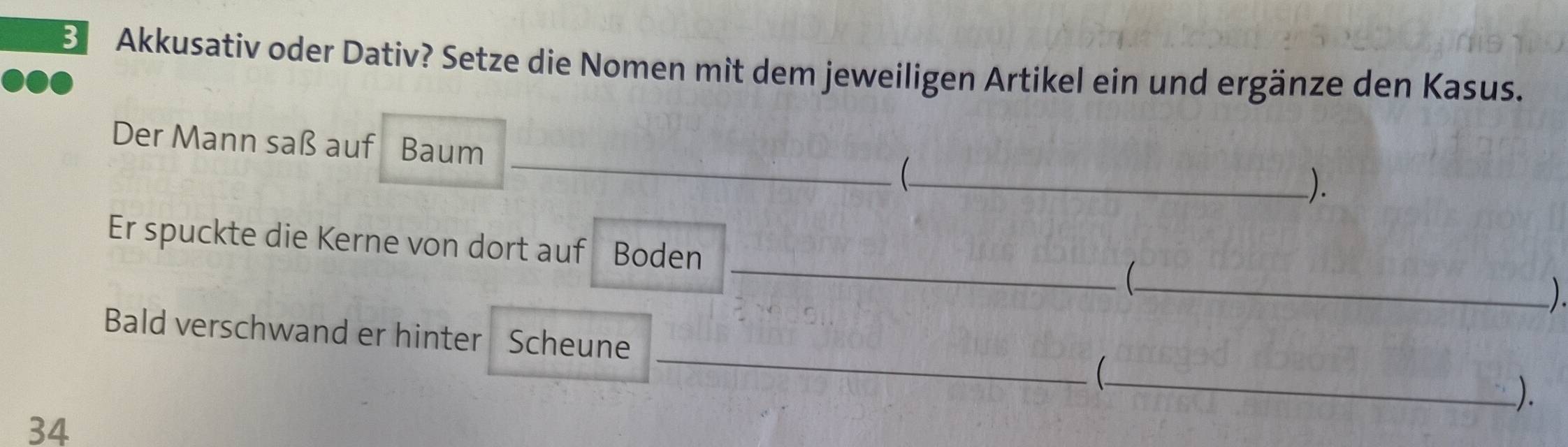 Gelöst:Akkusativ oder Dativ? Setze die Nomen mit dem jeweiligen Artikel ...