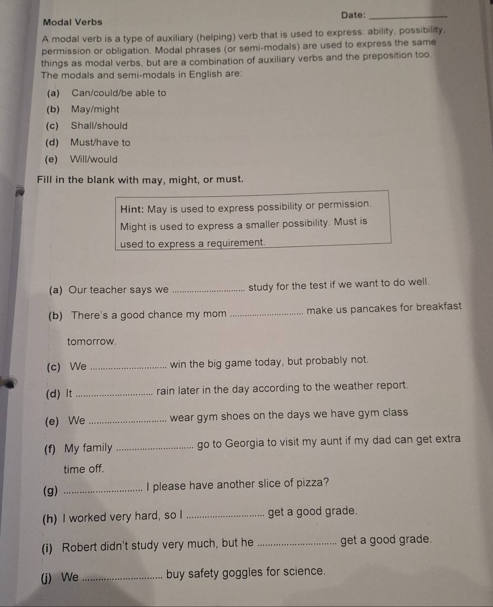 Résolu :Date:_ Modal Verbs A modal verb is a type of auxiliary (helping ...