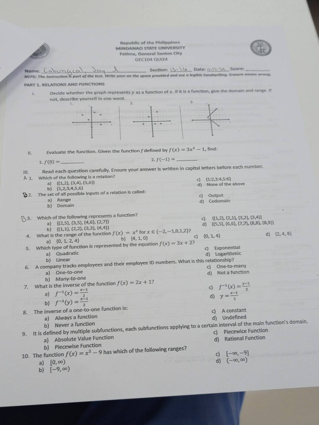 Solved: Republic of the Philippines MINDANAO STATE UNIVERSITY Fatima ...