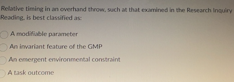 Solved: Relative timing in an overhand throw, such at that examined in ...