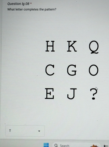Solved: Question Ig.08 * What letter completes the pattern? H — K Q C G ...