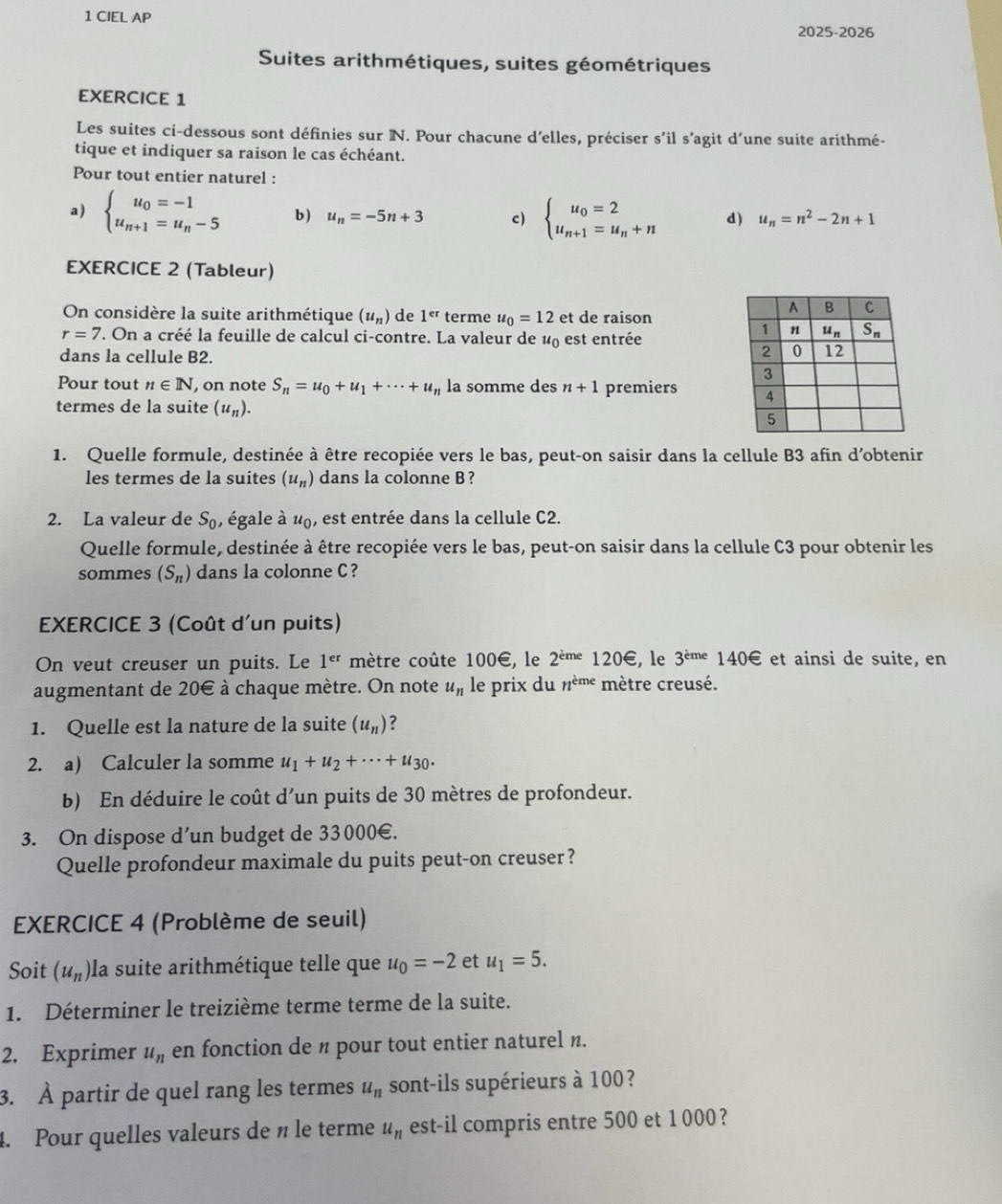 Résolu :CIEL AP 2025-2026 Suites arithmétiques, suites géométriques ...