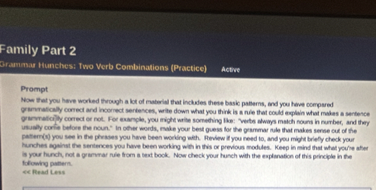 Solved: Family Part 2 Grammar Hunches: Two Verb Combinations (Practice ...