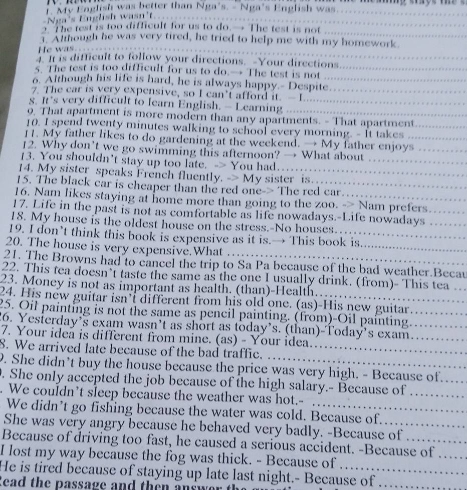 Giải quyết:My English was better than Nga's. - Nga's English was -Nga's English wasn't. 5 The ...